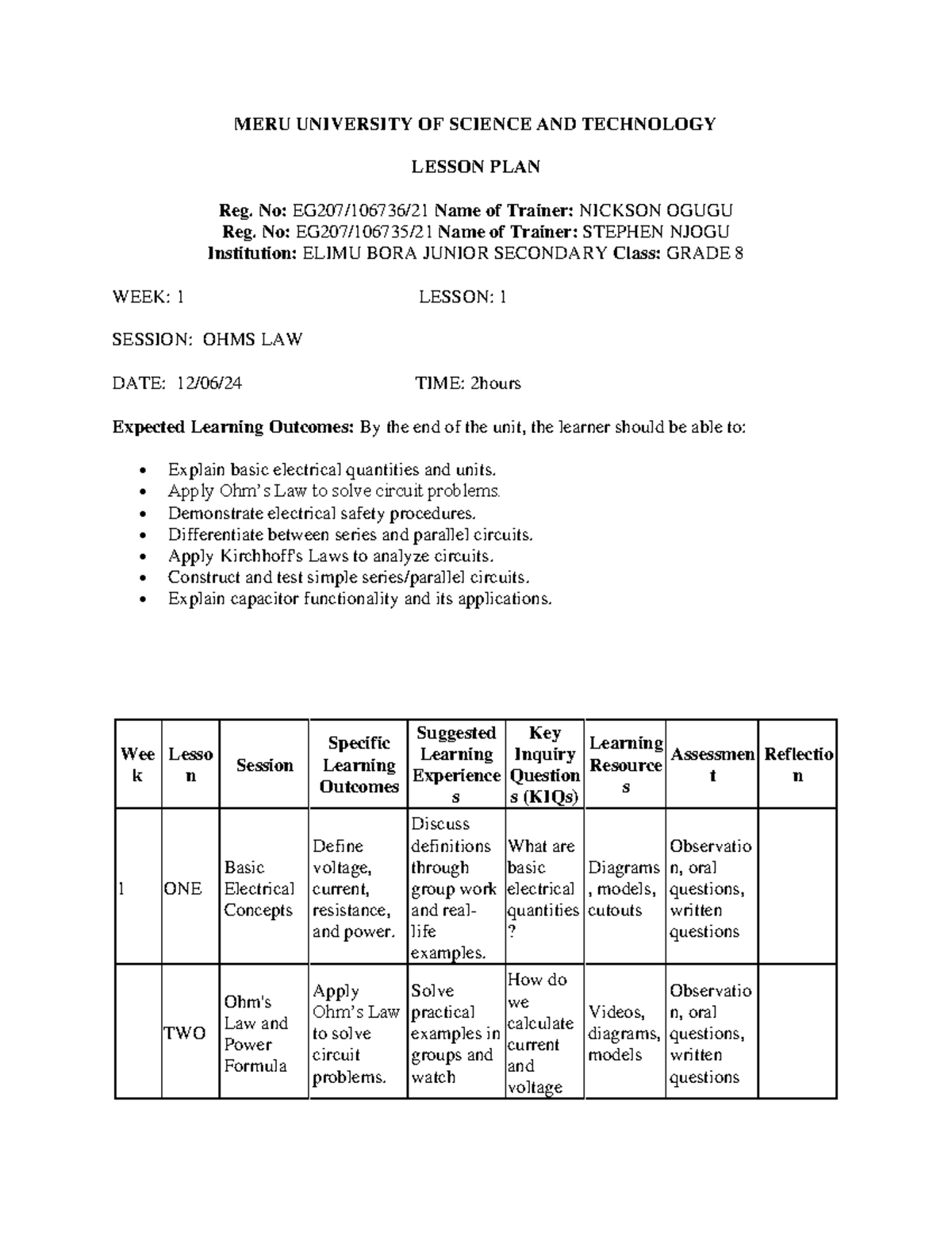 B.Ed. in Tech: Grade 8 Lesson Plan on Ohm's Law and Circuit Analysis ...