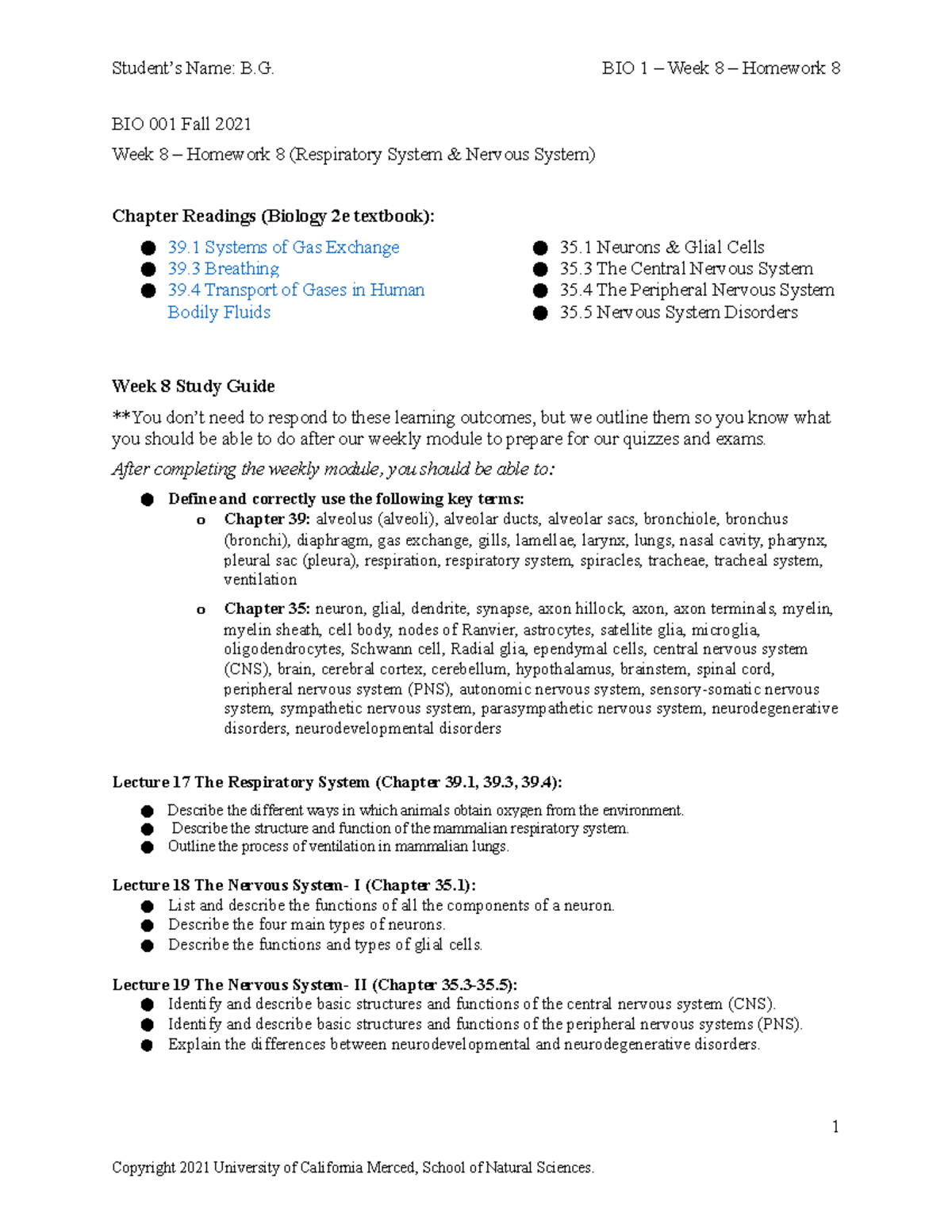 Bio 001 homework week 8 - Student’s Name: B. BIO 1 – Week 8 – Homework ...