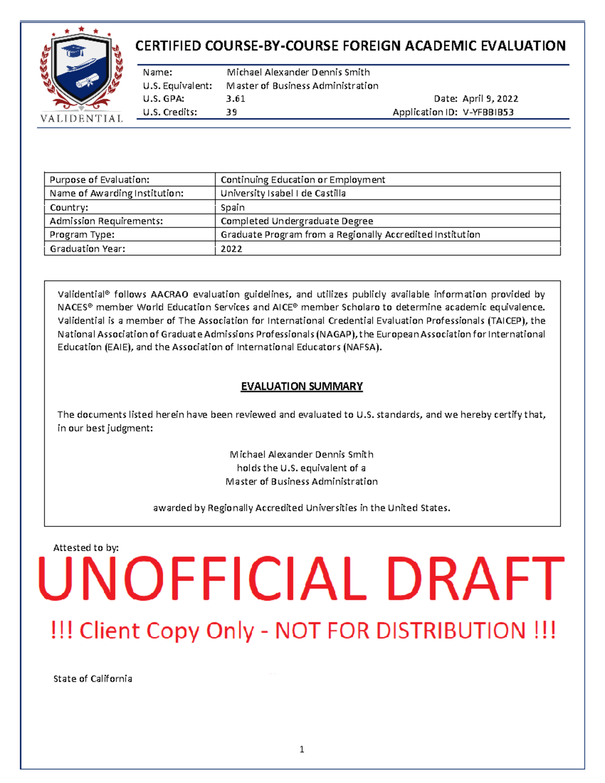 ENEB MBA Evaluation Report (U.S. Equivalency) - Michael Smith - Studocu
