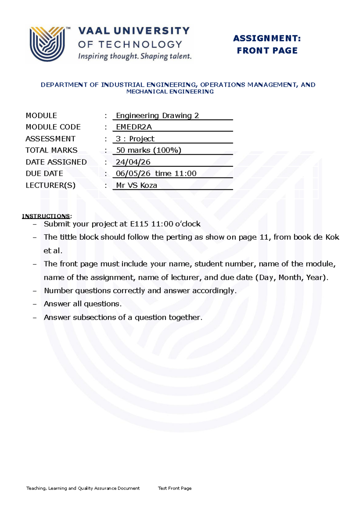 Engineering Drawing 2 (EMEDR2A) Project Assignment Guidelines - Studocu