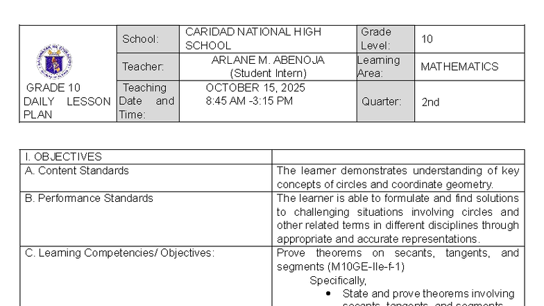 Grade 10 Math Lesson Plan: Circles & Geometry Theorems - Studocu