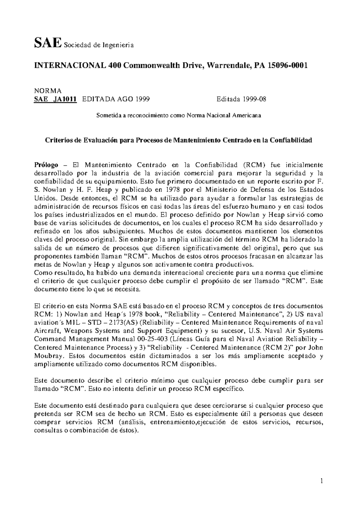 Norma SAE JA1011: Criterios para Mantenimiento Centrado en Confiabilidad - Studocu