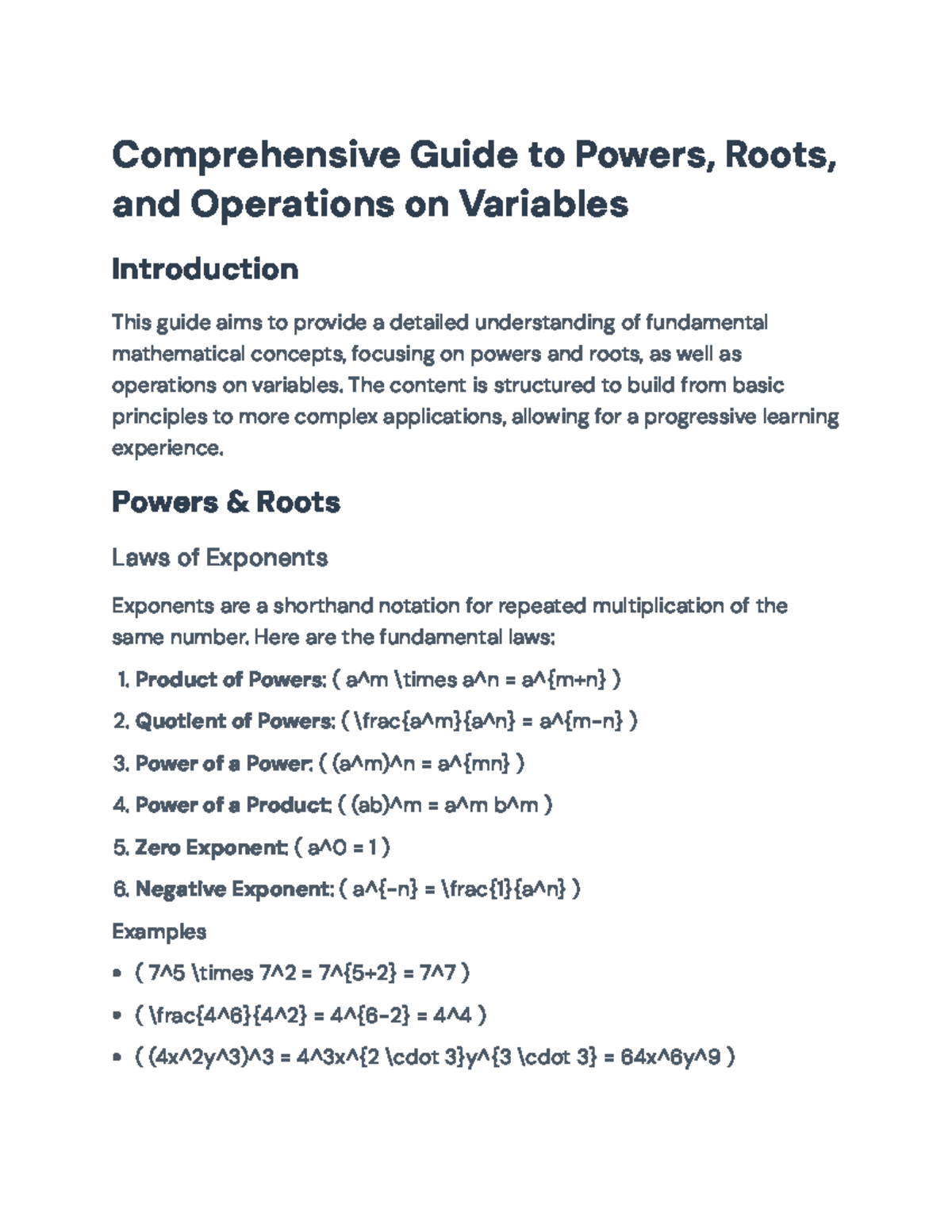 Comprehensive Guide to Powers, Roots, & Variable Operations ...