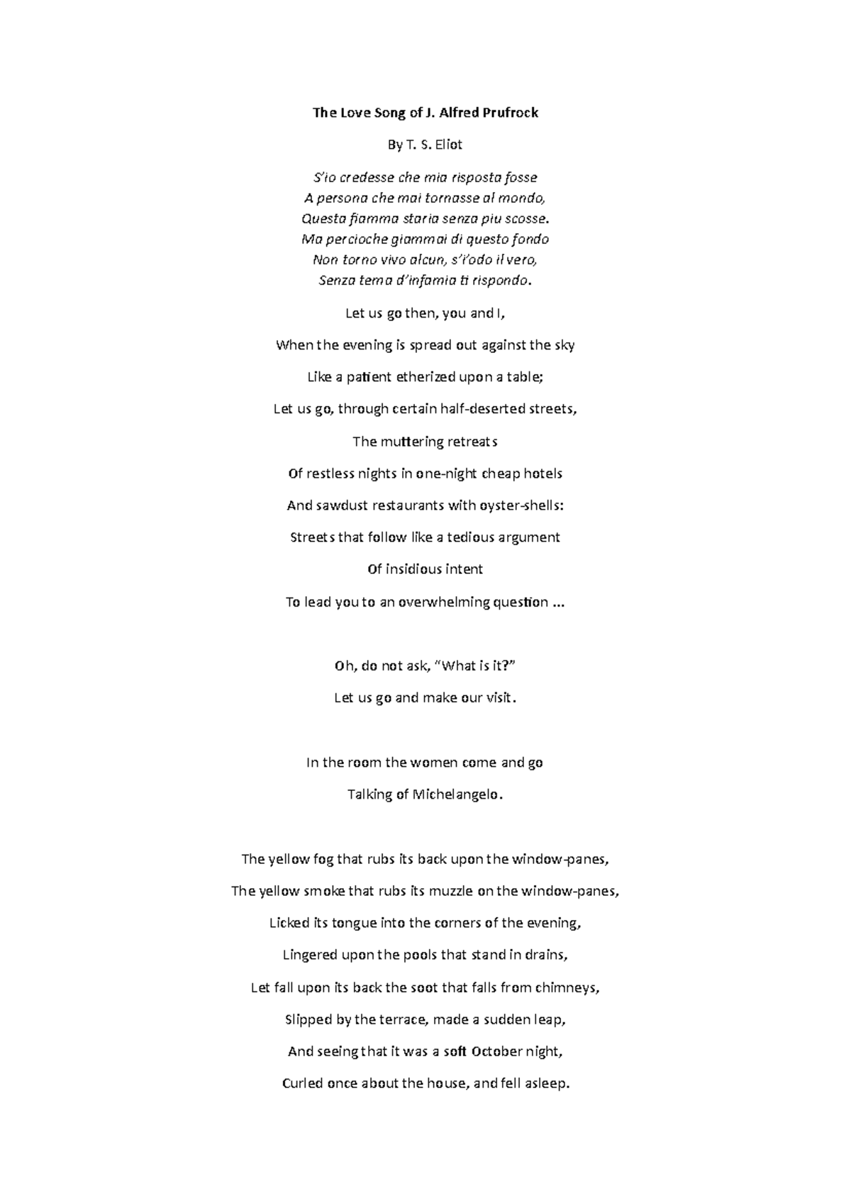 T.S. Eliot's "The Love Song of J. Alfred Prufrock" Analysis - Studocu