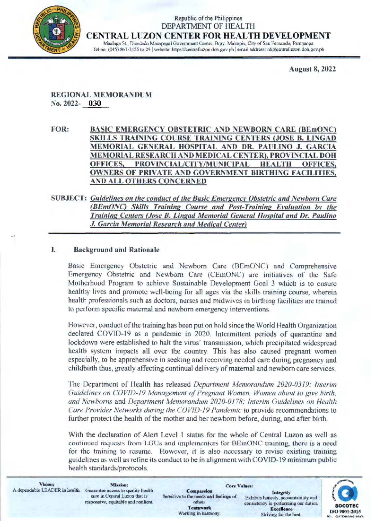 RM No. 2022-030 BEmONC Skills Training Guidelines and Protocols - Studocu