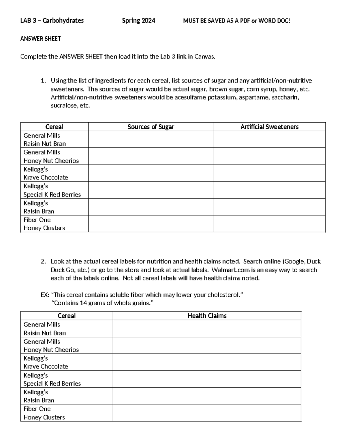 Lab 3 Carbs cereal comparison Spring 2024 Answer Sheet - LAB 3 ...