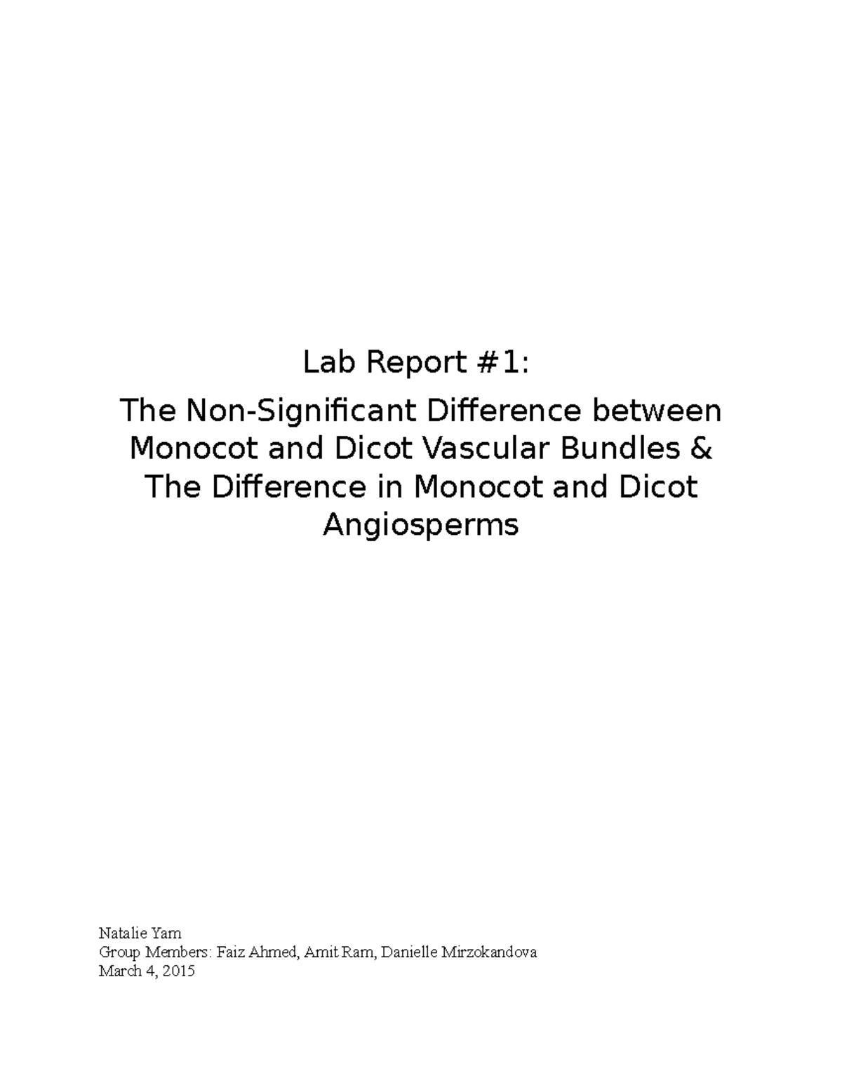 BIO 111 Lab Report #1: Vascular Bundle Differences in Monocots vs ...