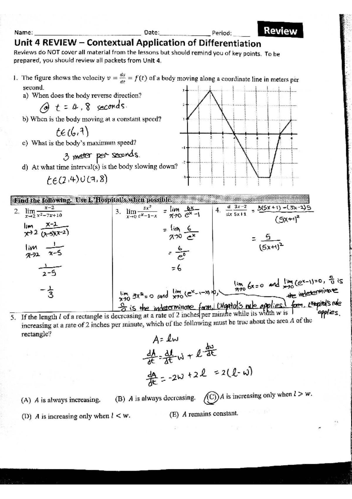 Unit 4 Review: Contextual Application of Differentiation Solutions ...