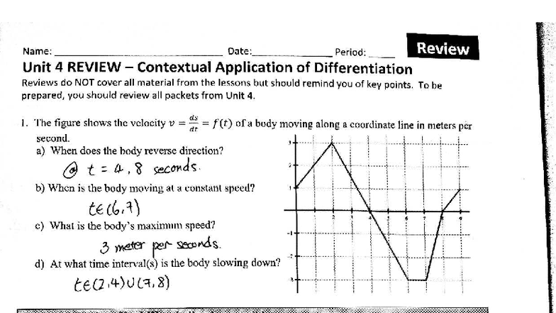Unit 4 Review: Contextual Application of Differentiation Solutions ...
