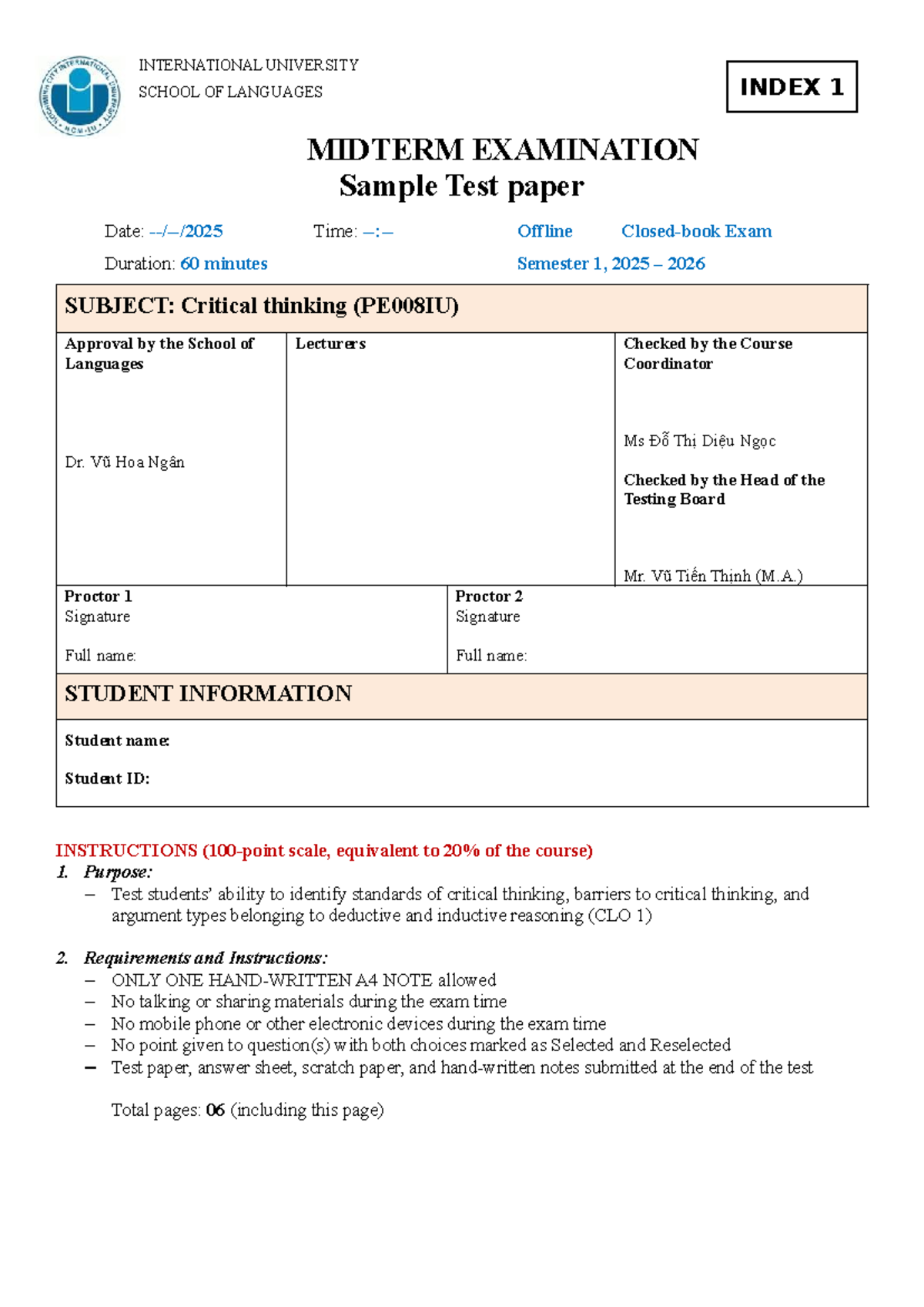 Critical Thinking Midterm Exam Sample Test (PE008IU) 2025 - Studocu