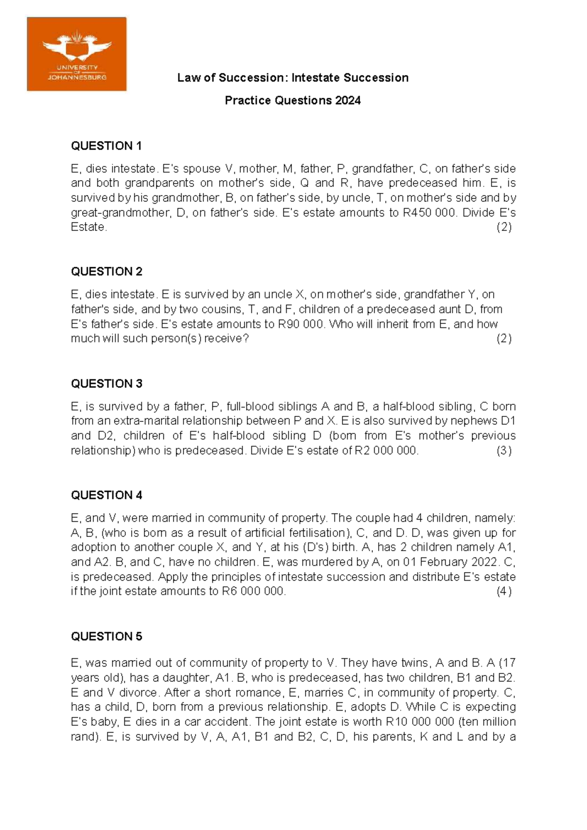 Intestate Succession Practice Questions 2024: Law of Succession - Studocu