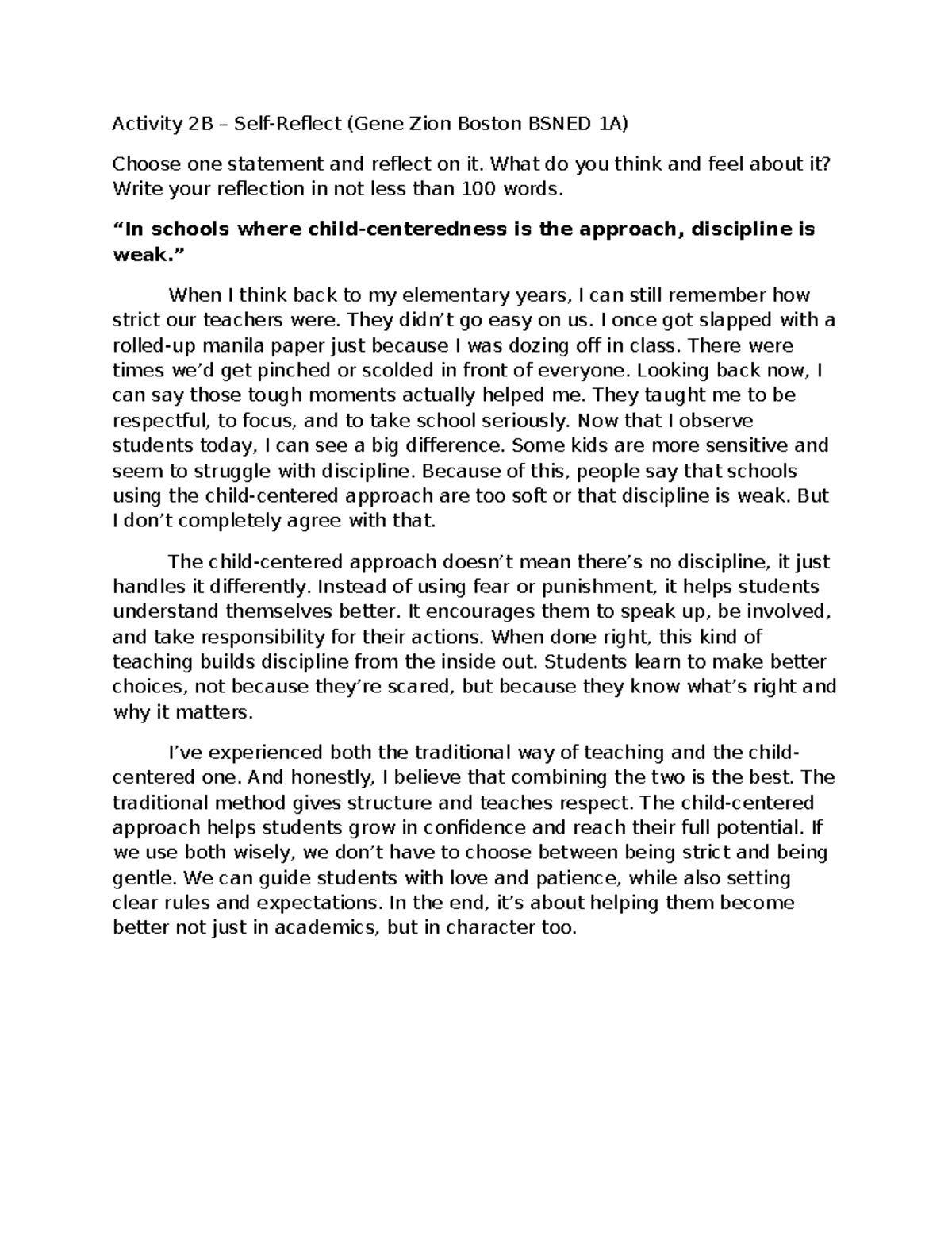 Activity 2B Reflection on Discipline Approaches in Education (BSNED 1A ...