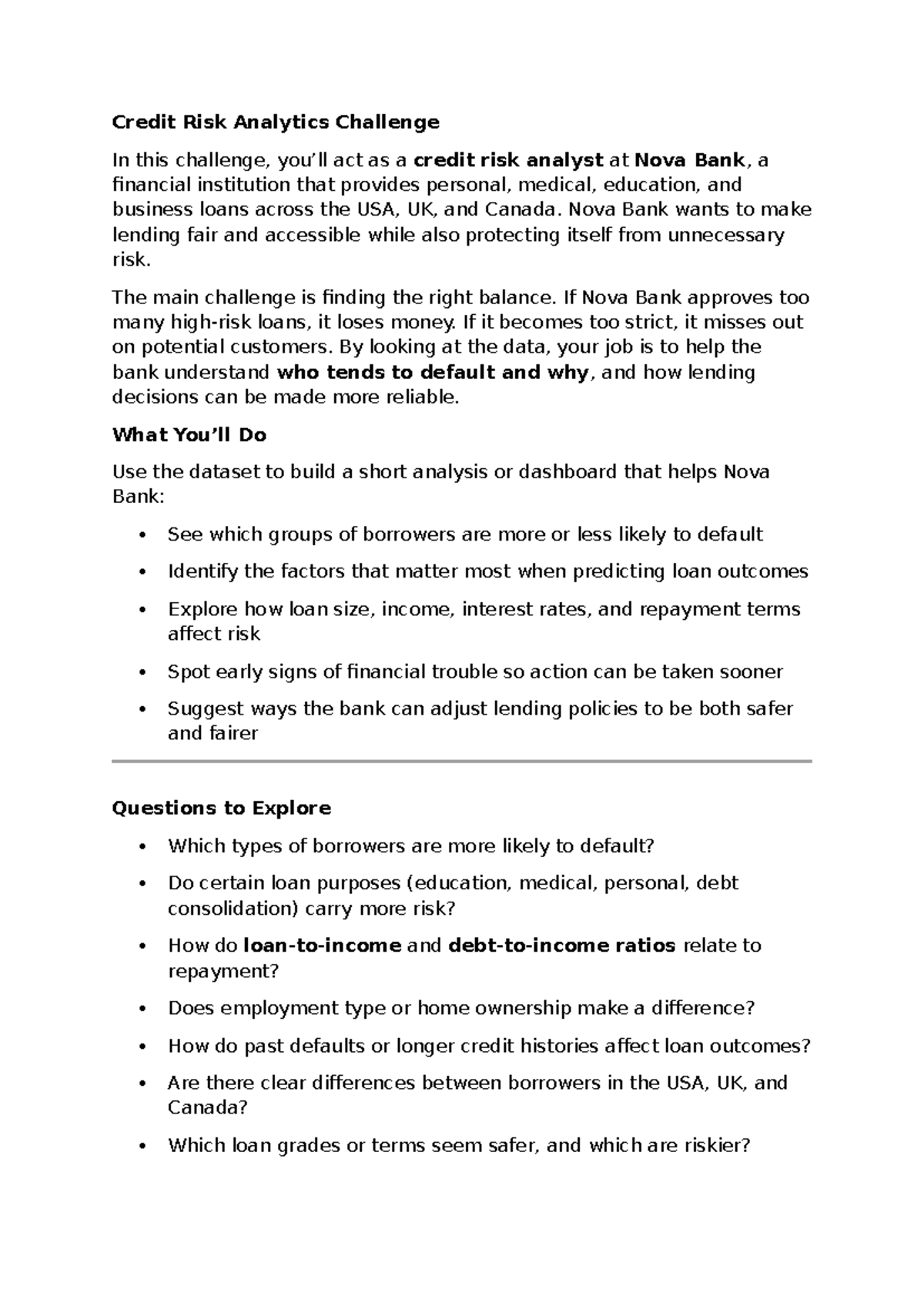 Credit Risk Analytics Challenge Brief: Insights for Nova Bank - Studocu