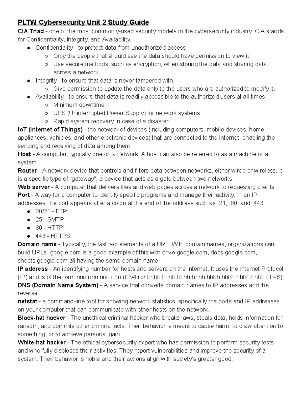 CSec - Unit 2 Study Guide - PLTW Cybersecurity Unit 2 Study Guide CIA ...