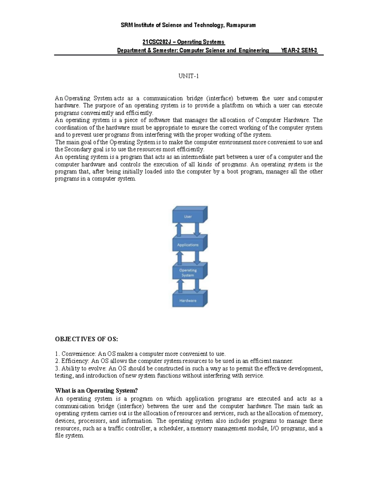 21CSC202J Operating Systems UNIT 1: Introduction to OS Concepts - Studocu