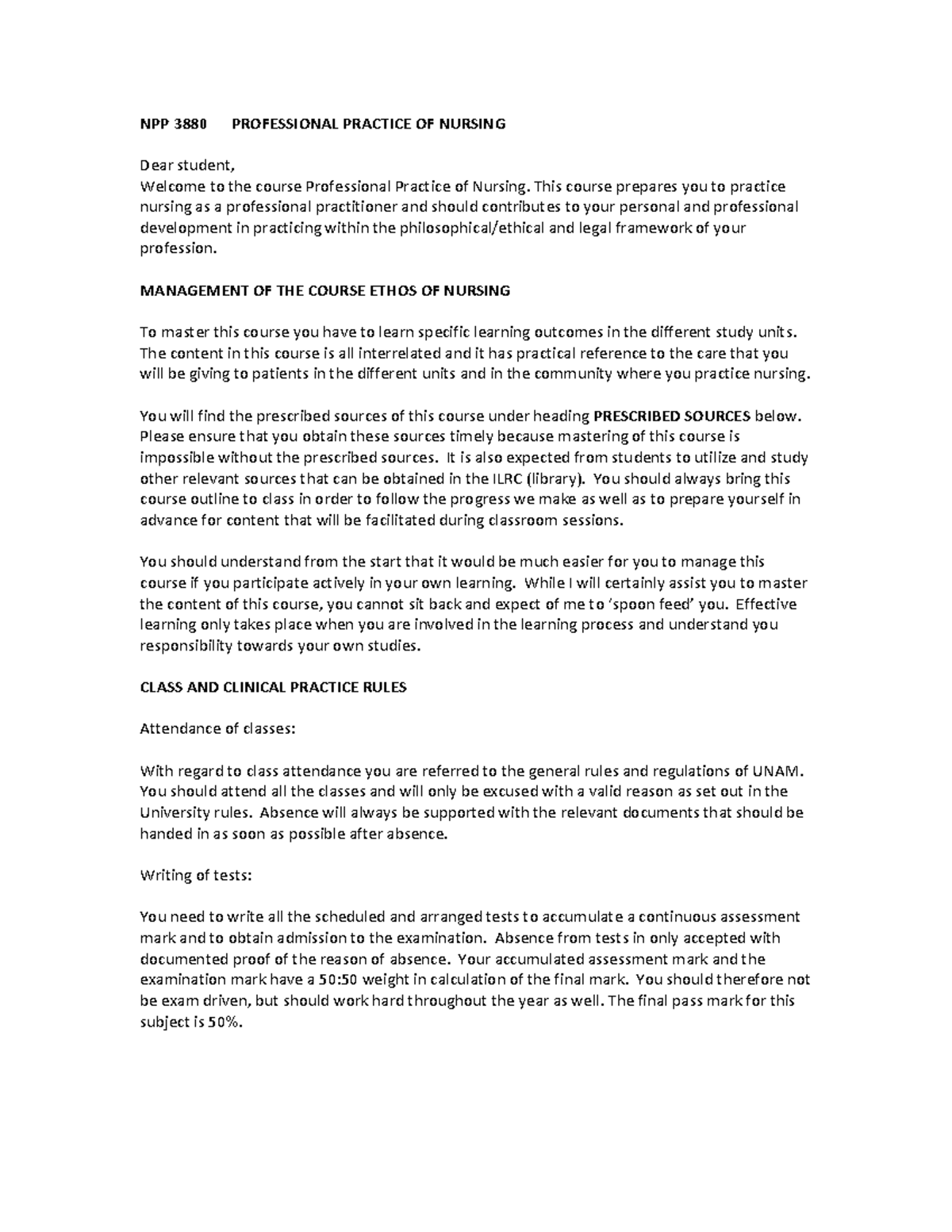 NPP 3880 Course Outline: Professional Practice of Nursing 2025 - Studocu