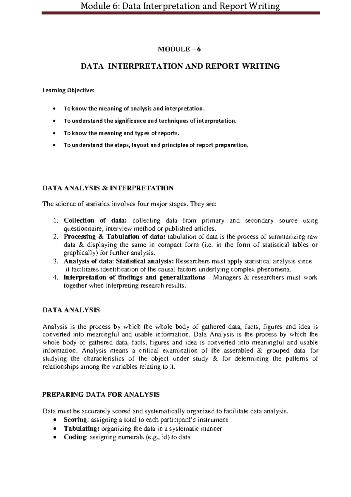 DATA Interpretation AND Report Writing - MODULE – 6 DATA INTERPRETATION ...