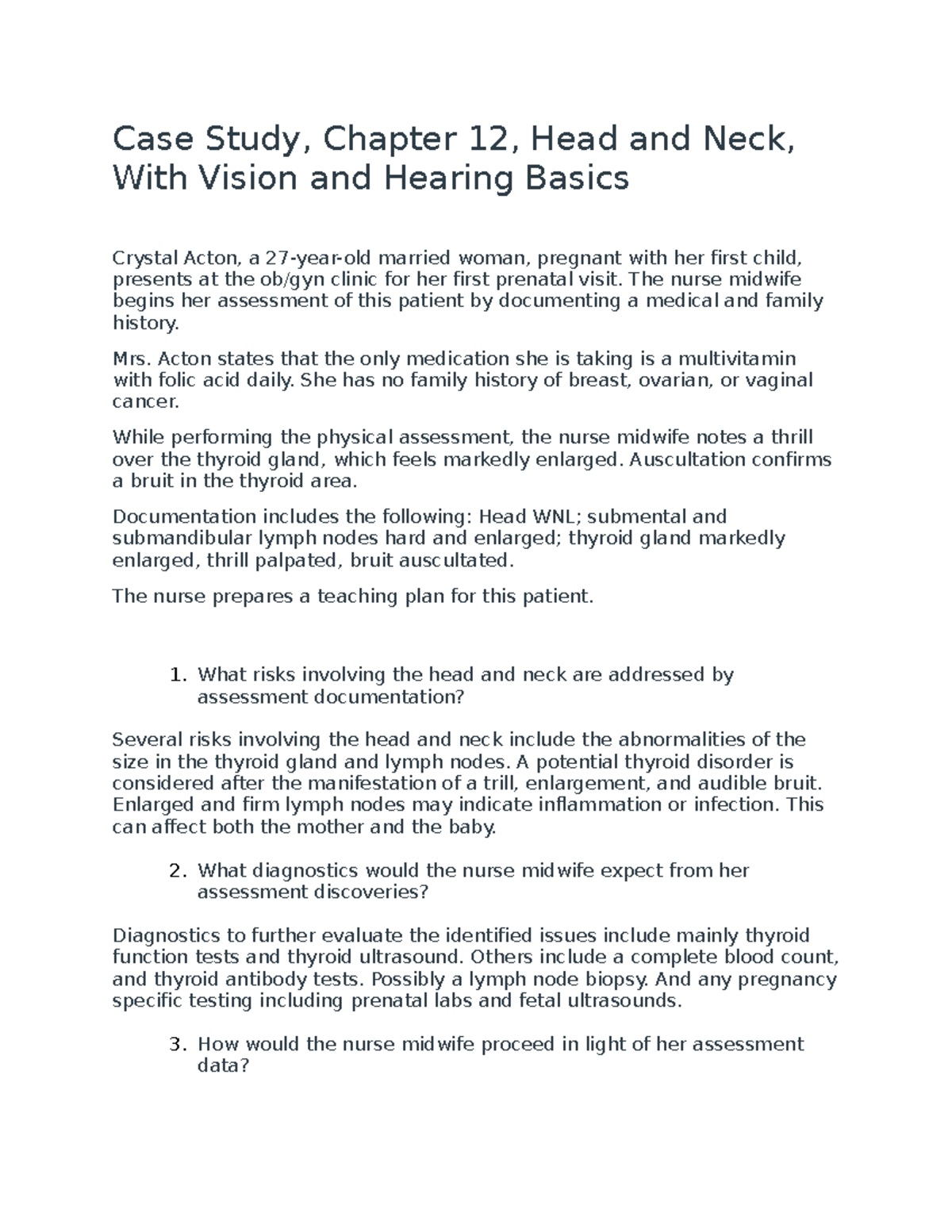 NURS 312 - Case Study 2: Head and Neck Assessment Insights - Studocu