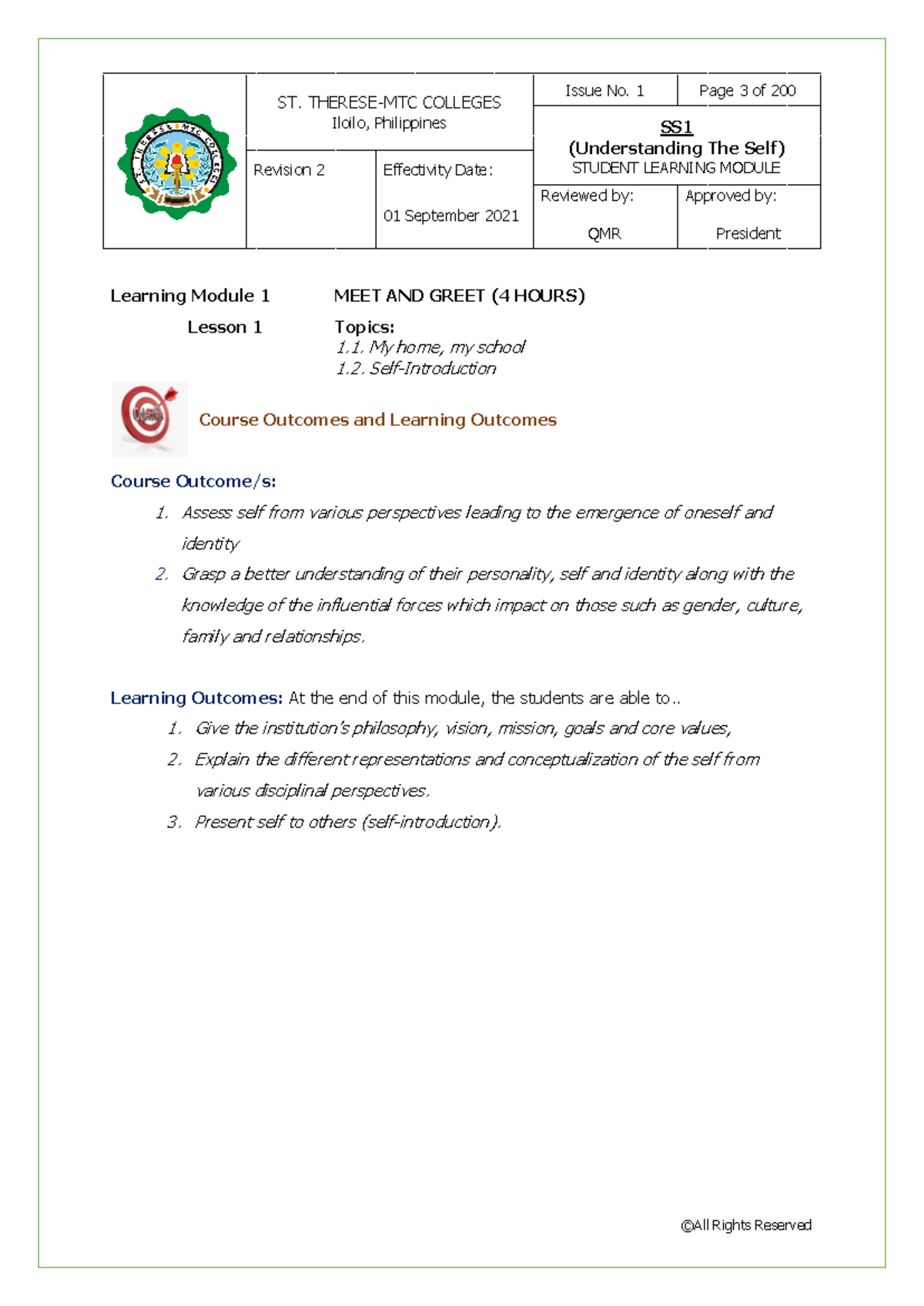 Understanding the Self: Student Learning Module Overview (SS1) - Studocu