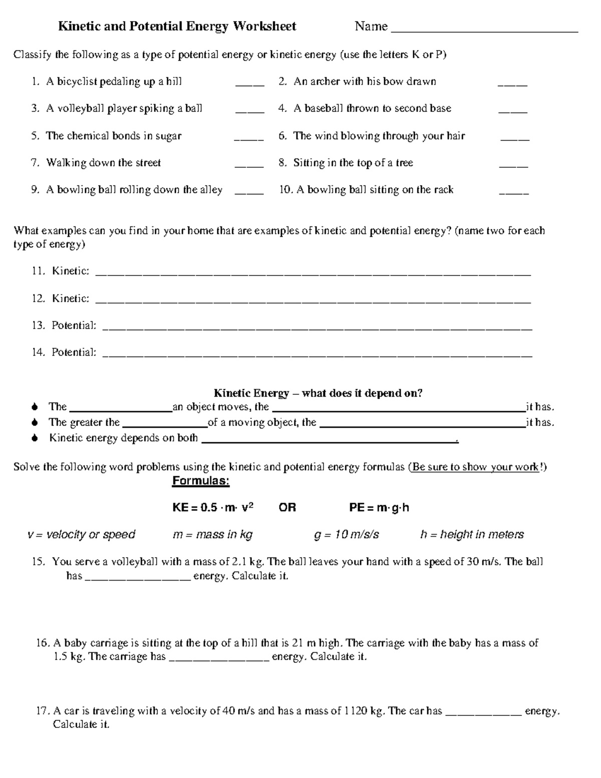 Kinetic and Potential Energy Worksheet - Energy Types Overview - Studocu