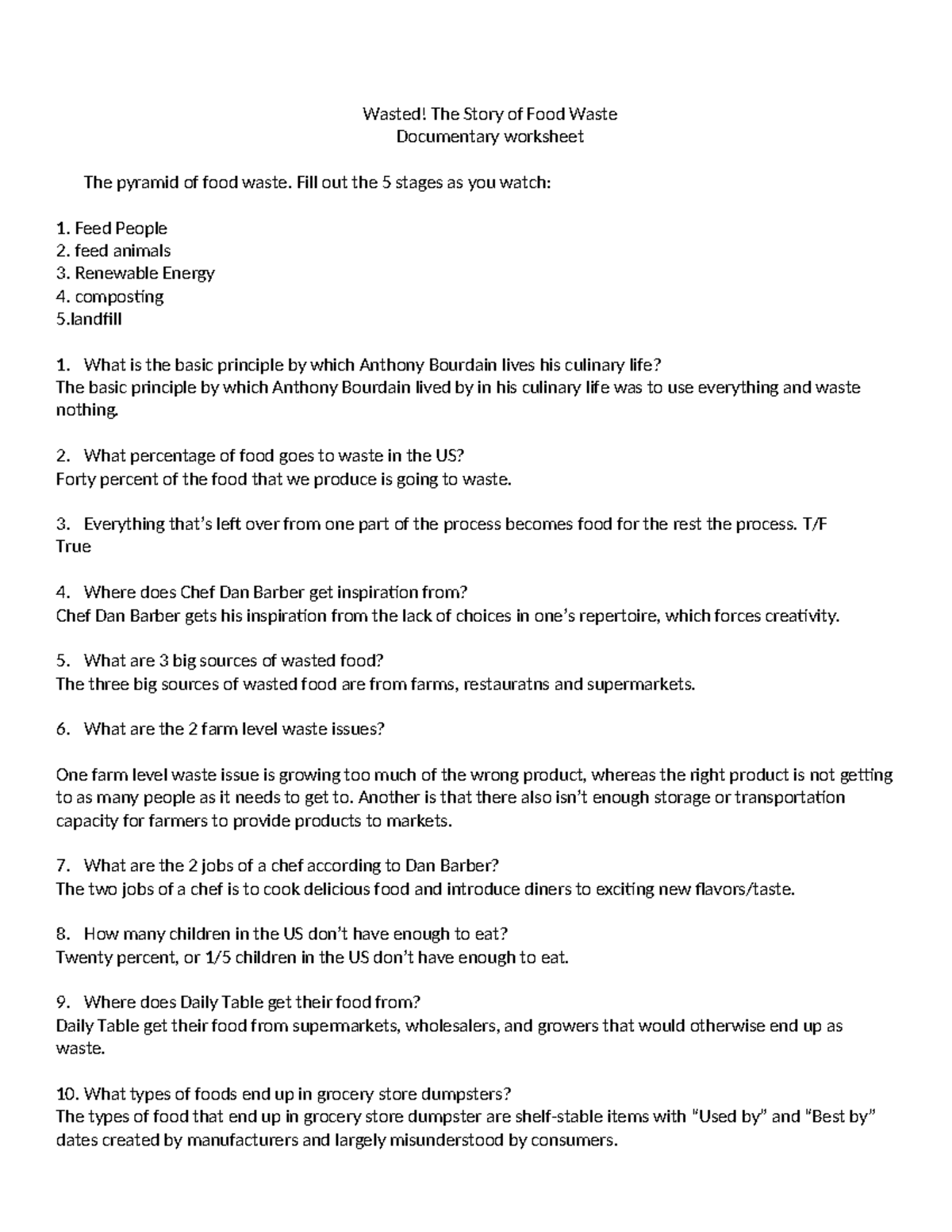Worksheet for the Documentary "Wasted! The Story of Food Waste" - Studocu