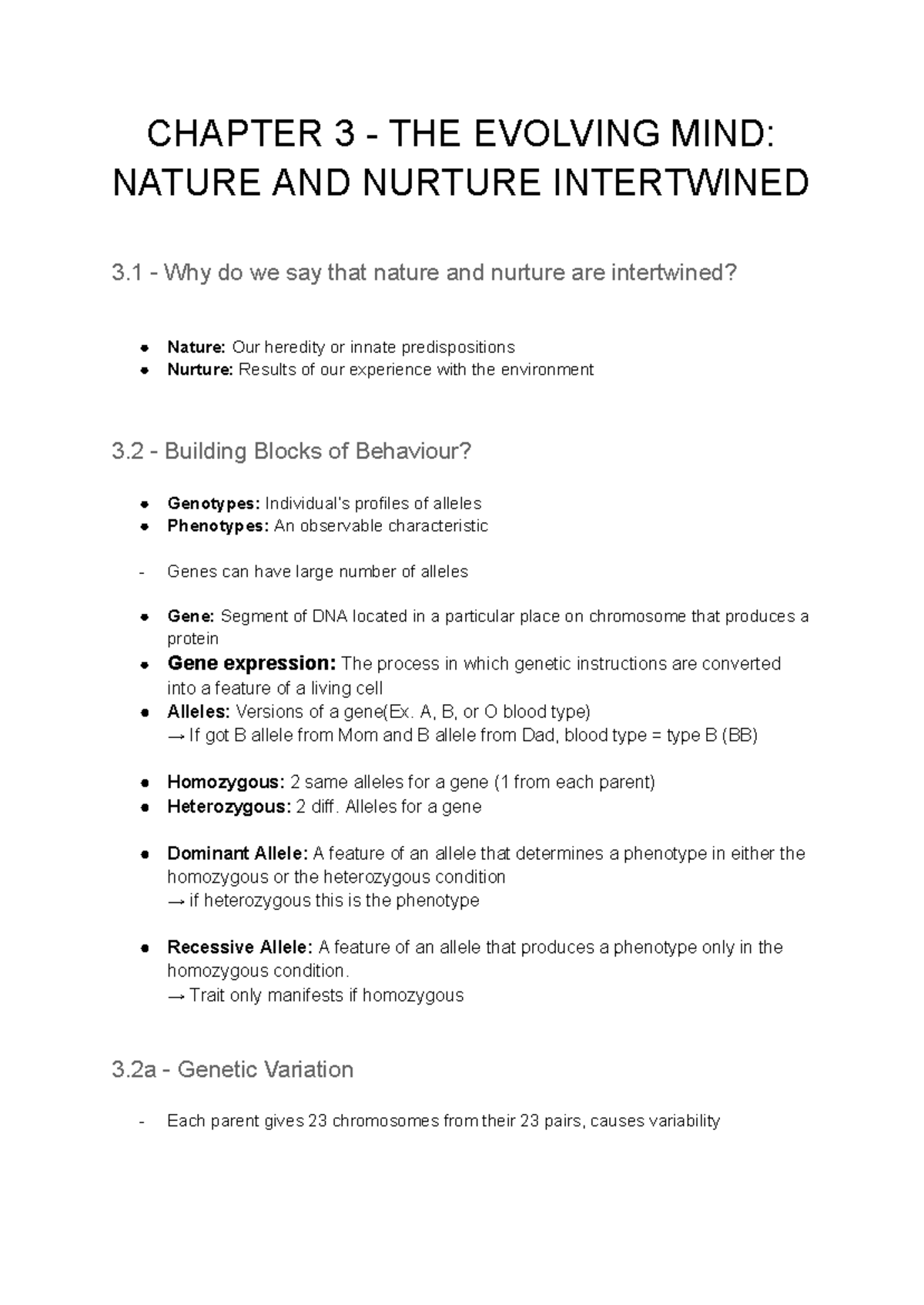 Psychology Chapter 3 Notes: Nature and Nurture Intertwined, PSYA01H3 ...