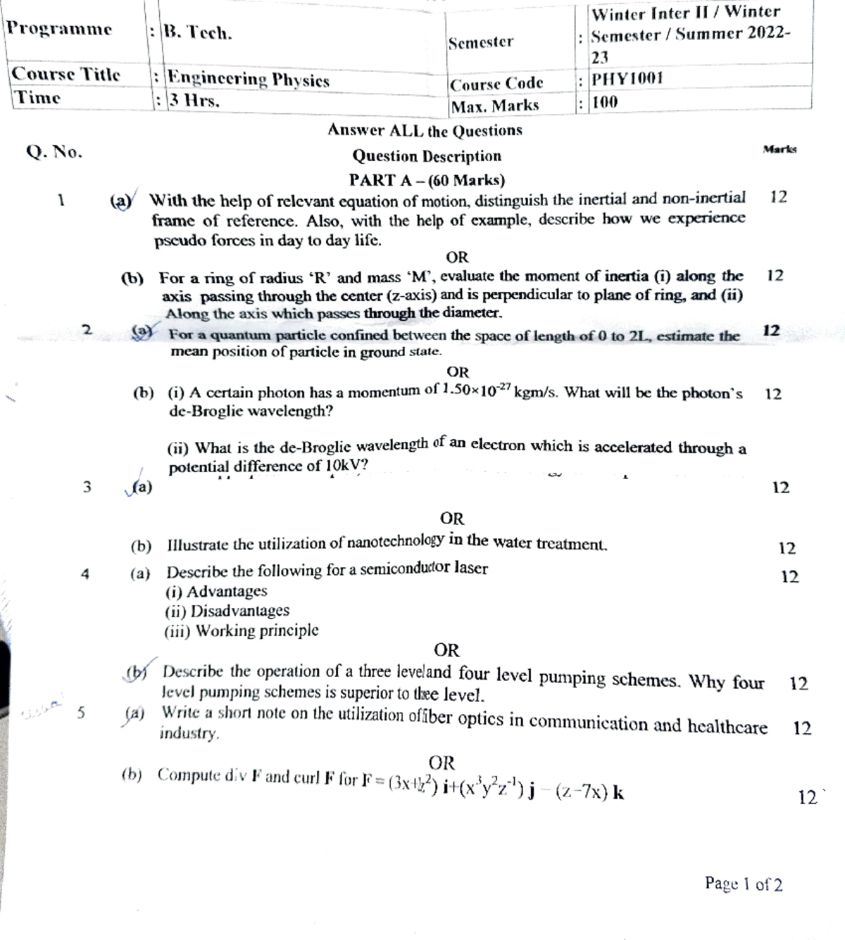Term end phy - Omika Singh - Programme Course Title Time 0. No. 1 3 4 5 :|B. Tech. Engincering ...