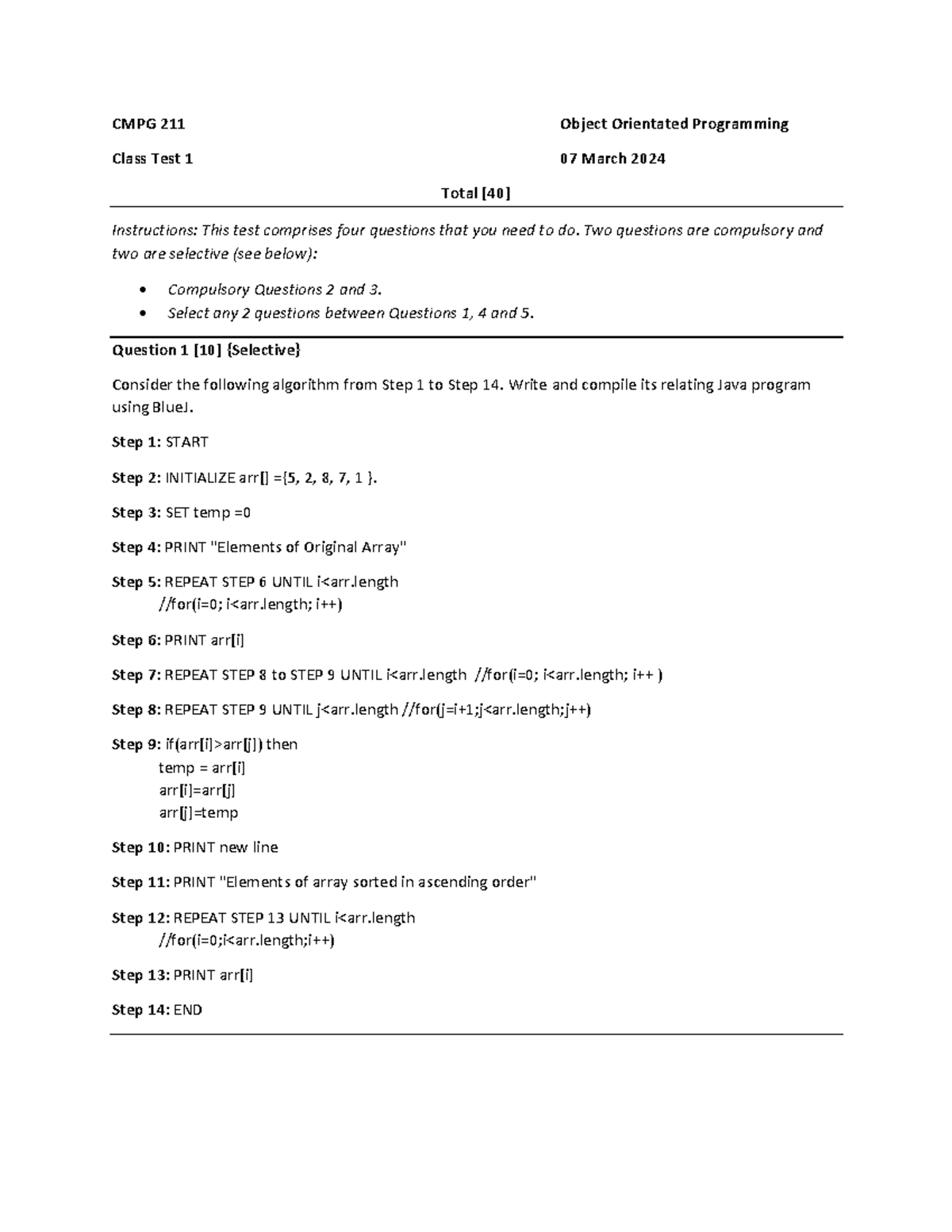CMPG 211 Test 1: Object Oriented Programming (07 March 2024) - Studocu