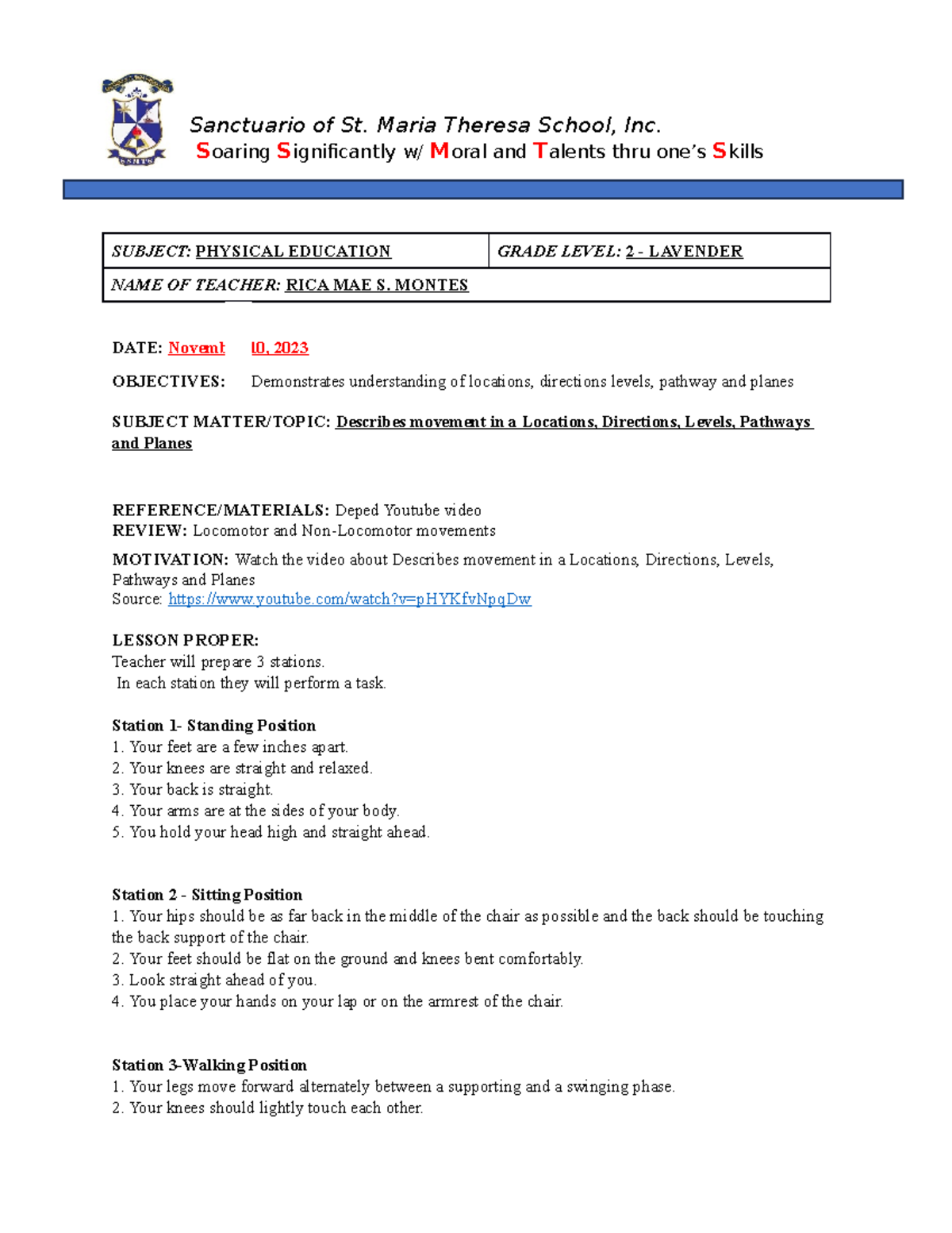 Q2 - PE Grade 2 - Lesson Plan for Weeks 3 & 4: Movement & Posture - Studocu