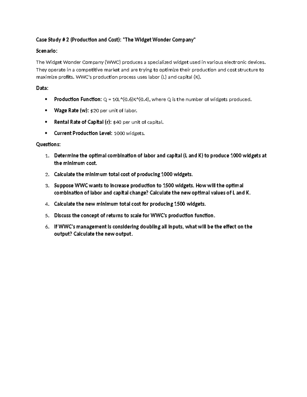 Case Study for production and cost - Case Study # 2 (Production and Cost): "The Widget Wonder ...