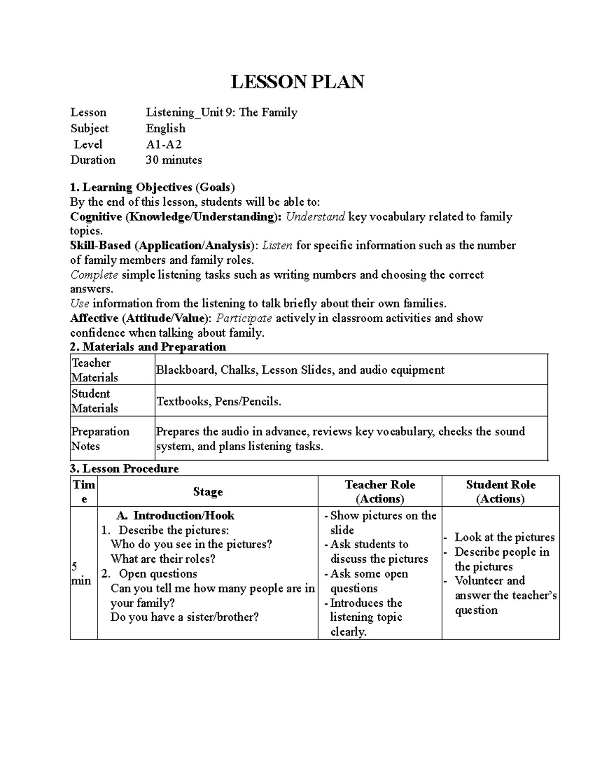 Lesson Plan: Listening Unit 9 - The Family (30 min) - Studocu
