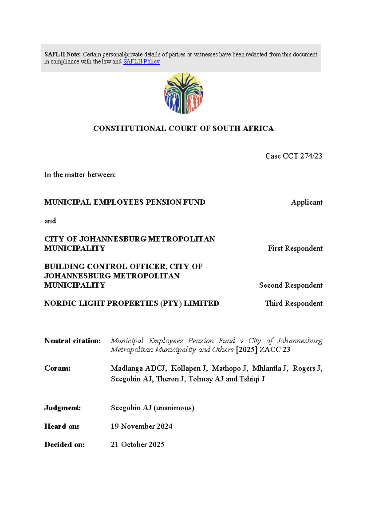 Constitutional Court Appeal: Municipal Employees Pension Fund v City of - Studocu