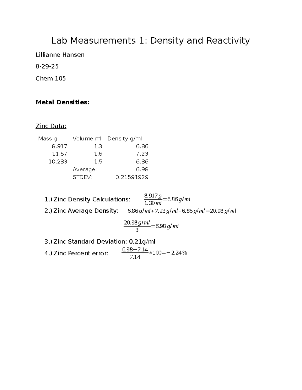 Chem 105 Lab: Density & Reactivity Measurements Analysis - Studocu