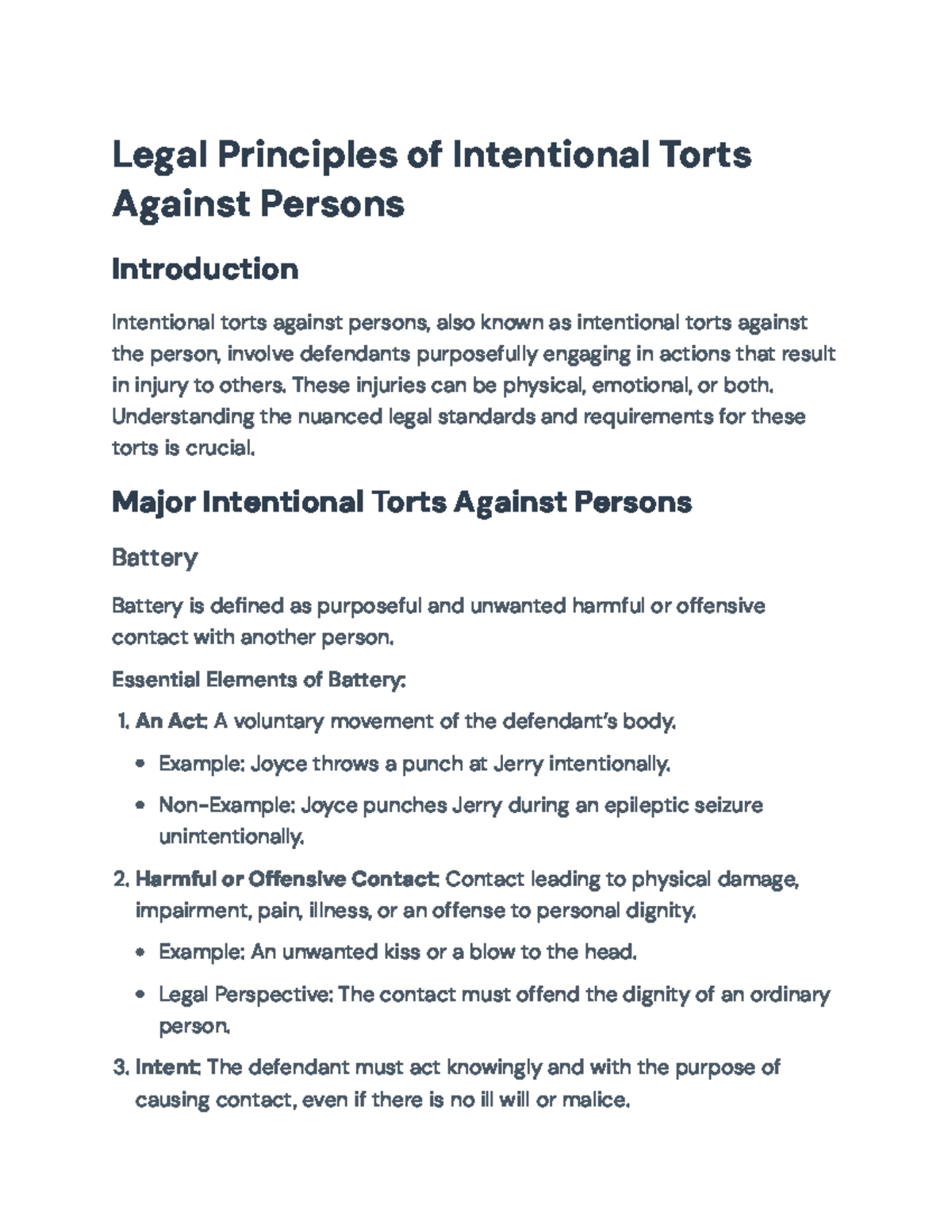 Legal Principles of Intentional Torts Against Persons - Overview ...