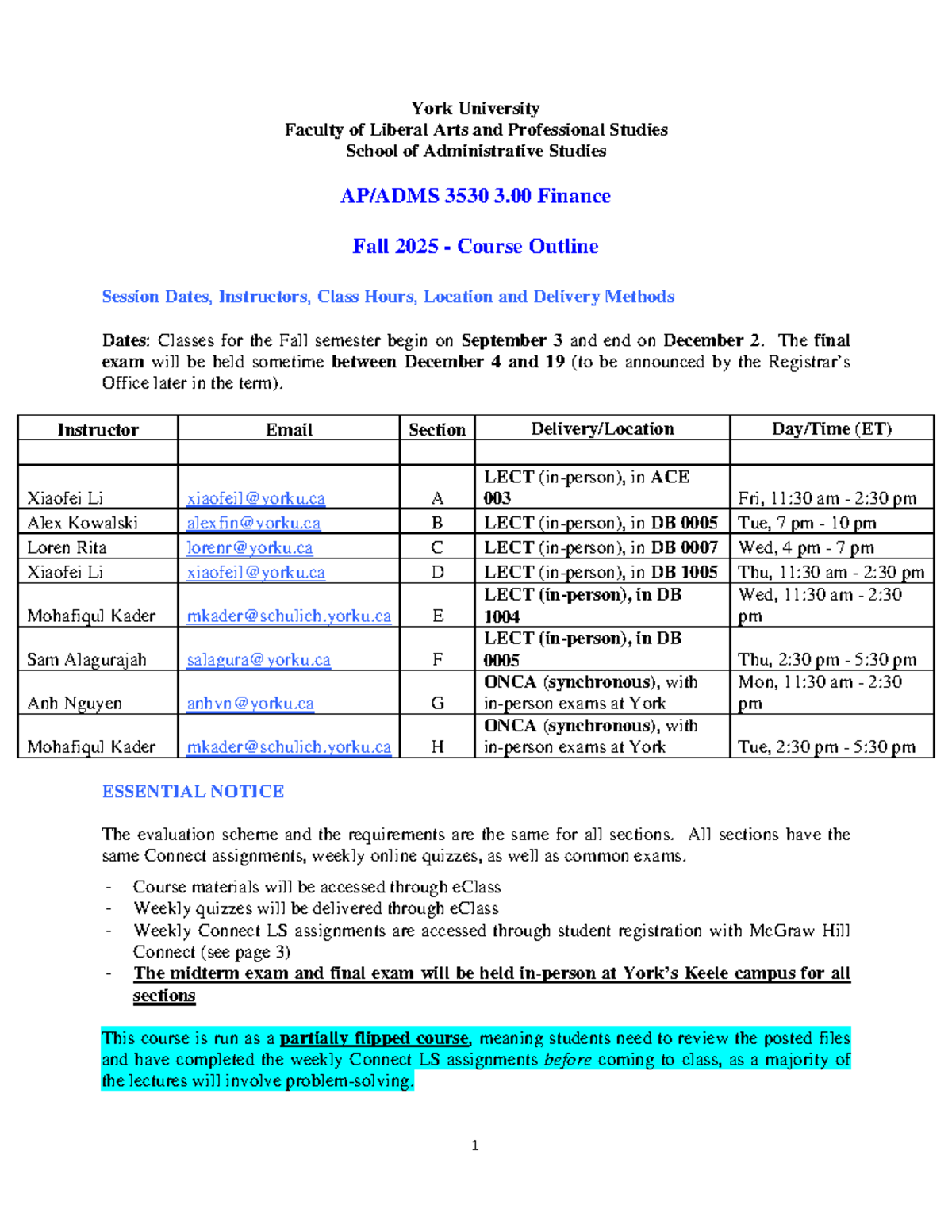 ADMS 3530 Fall 2025 Finance Course Outline and Exam Details - Studocu