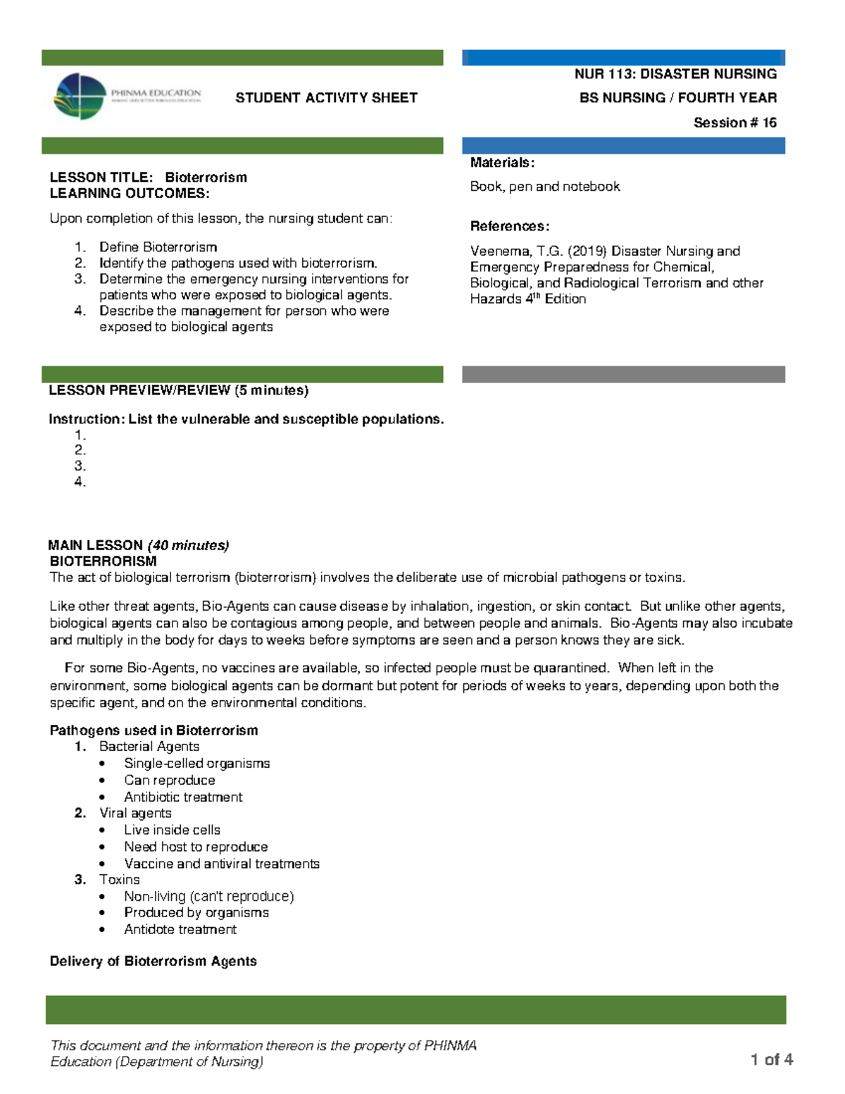 NUR 113: Bioterrorism Lesson Activity Sheet for Nursing Students - Studocu