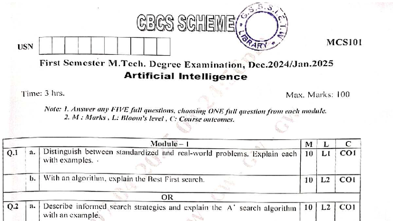 MCS101 & MCS103 First Semester M.Tech Exam Questions on AI & Data ...