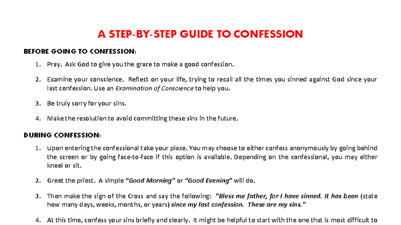 A Step-by-Step Guide to Confession: Preparing and Practicing - Studocu