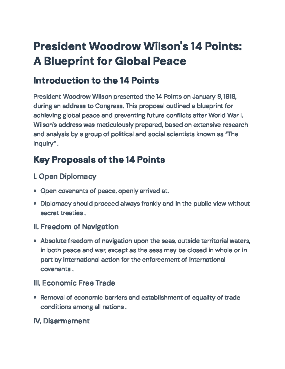 President Wilson's 14 Points: A Framework for Global Peace Post-WWI ...