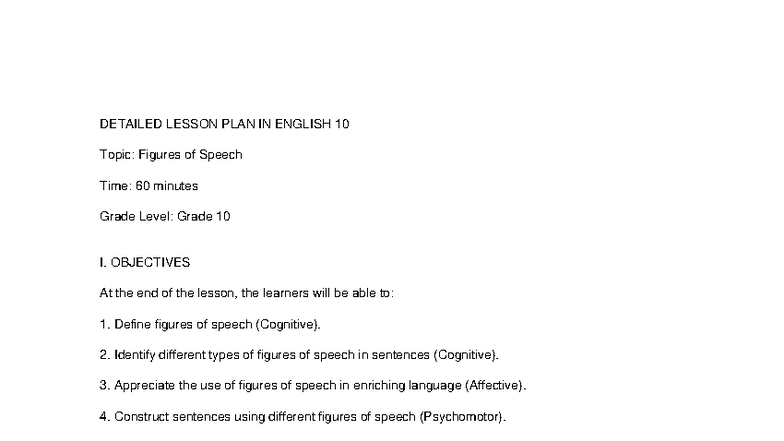 Detailed Lesson Plan: Figures of Speech for English 10 - Studocu