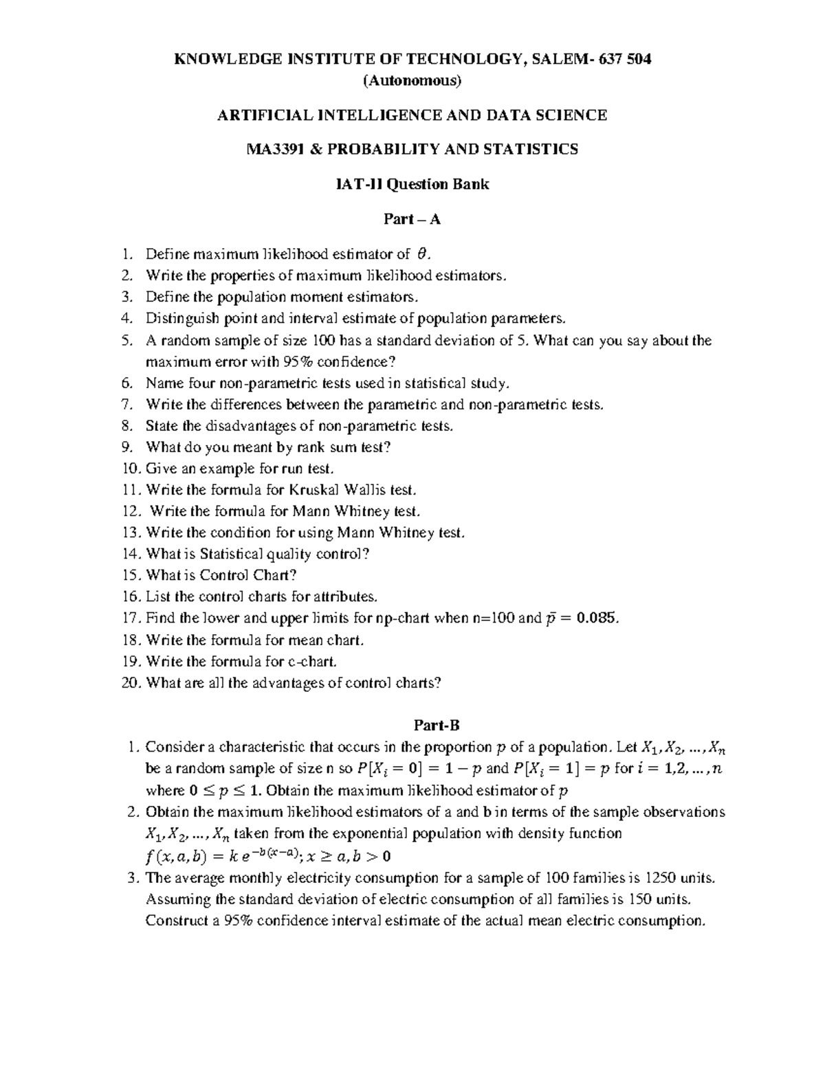 IAT-II Question Bank: Key Concepts in AI & Data Science (MA3391) - Studocu