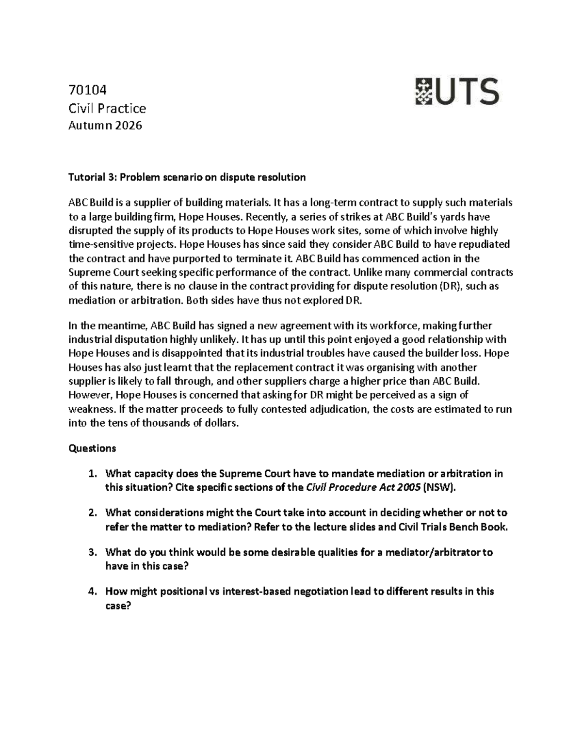 2026 Autumn 70104 Civil Practice Tutorial 3: Dispute Resolution ...