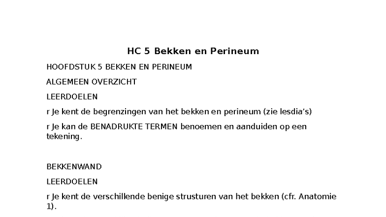 HC 5 Bekken en Perineum: Leerdoelen en Overzicht - Studocu