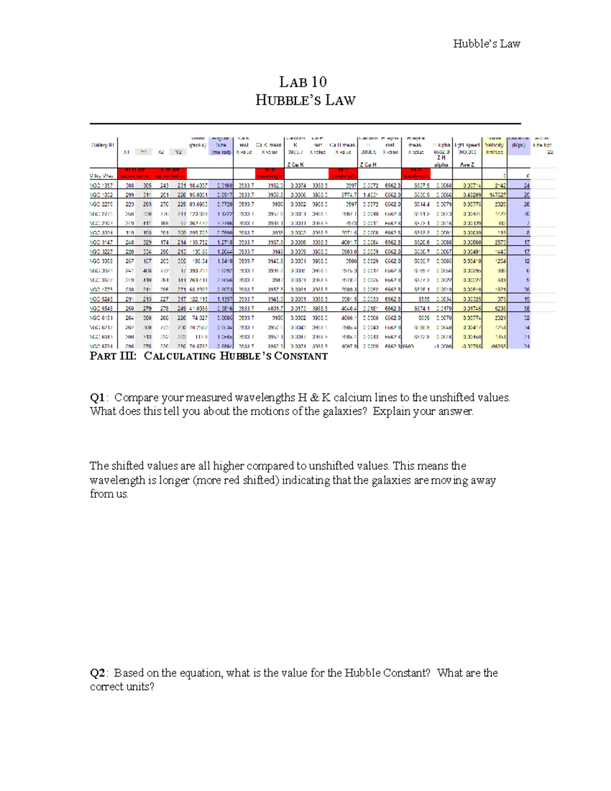Lab10 Worksheet(1)(1) - LAB 10 HUBBLE’S LAW PART III: CALCULATING ...