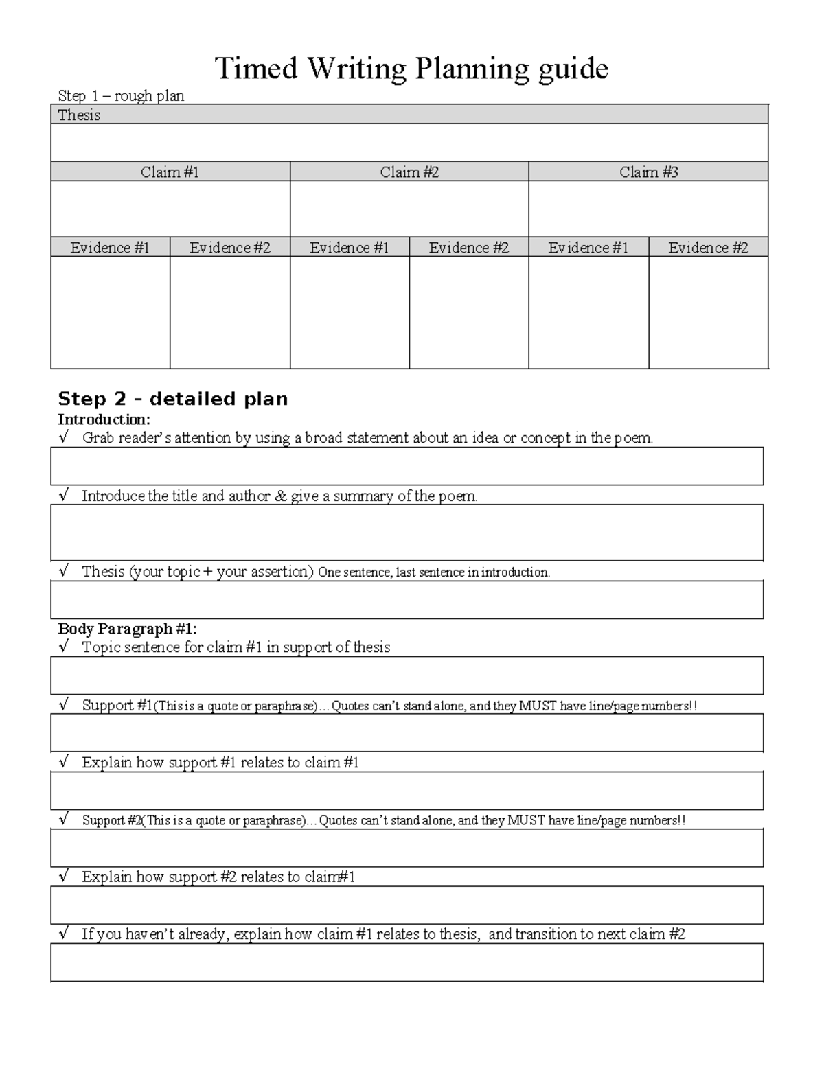 Timed Writing Planning Guide: Thesis & Evidence Structure - Studocu