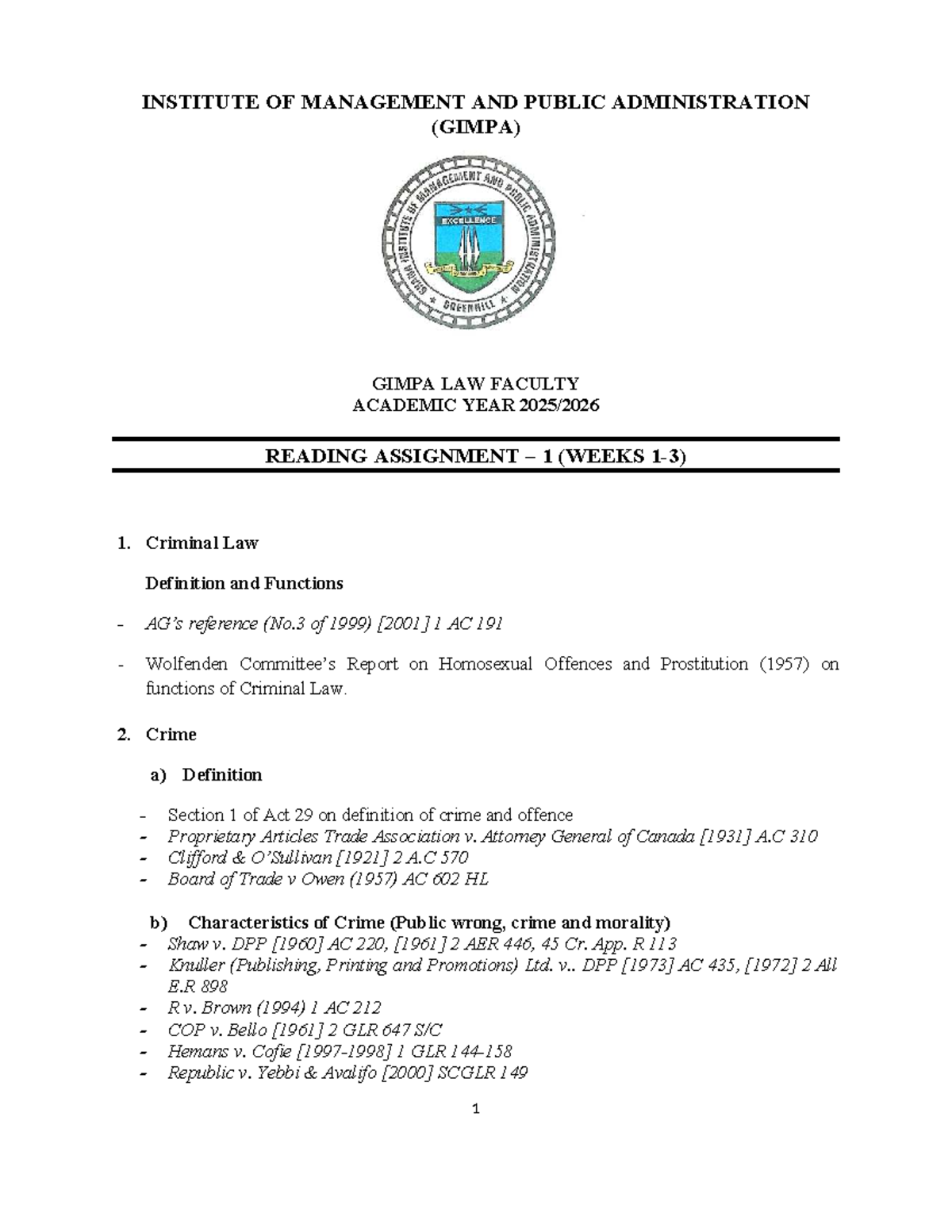 GIMPA LAW 1: Criminal Law Definitions & Functions Reading Assignment ...