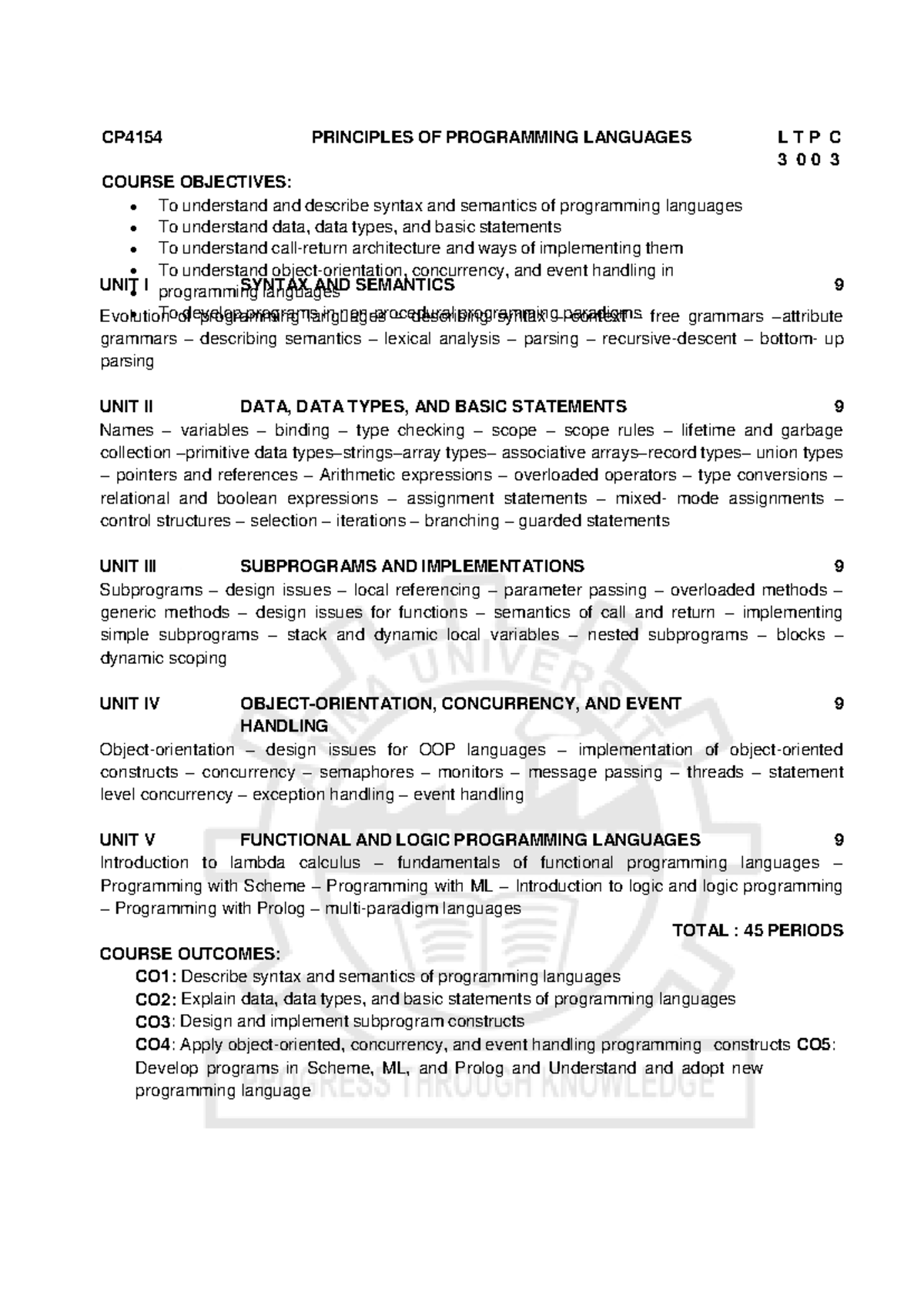 CP4154 Principles of Programming Languages Syllabus Overview - Studocu