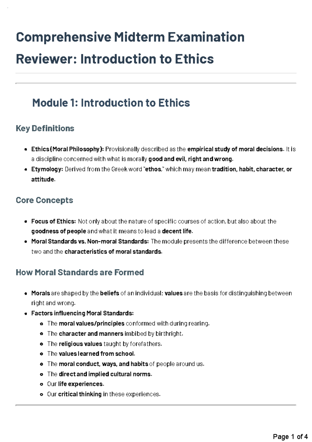 Comprehensive Midterm Exam Reviewer: Intro to Ethics (ETH101) - Studocu