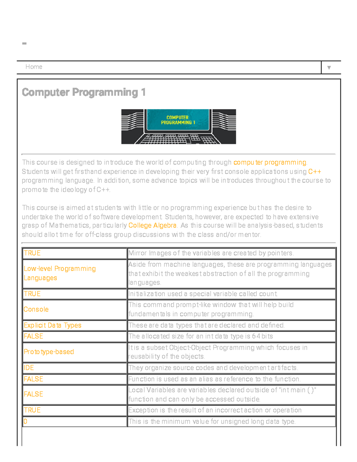 Computer Programming 1: Introduction to C++ Concepts and Practices ...
