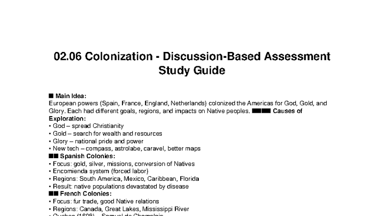 02.06 Colonization Assessment Study Guide: God, Gold, Glory - Studocu